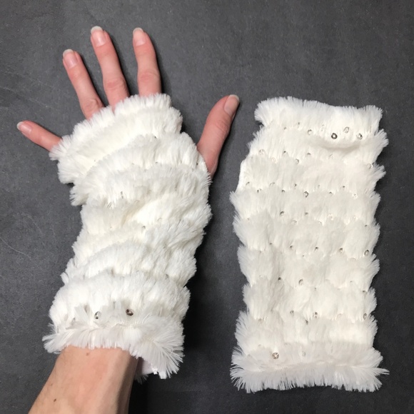 Hand Crafted | Accessories | White Fuzzy Hand Warmers Sequin Fur Wrist ...
